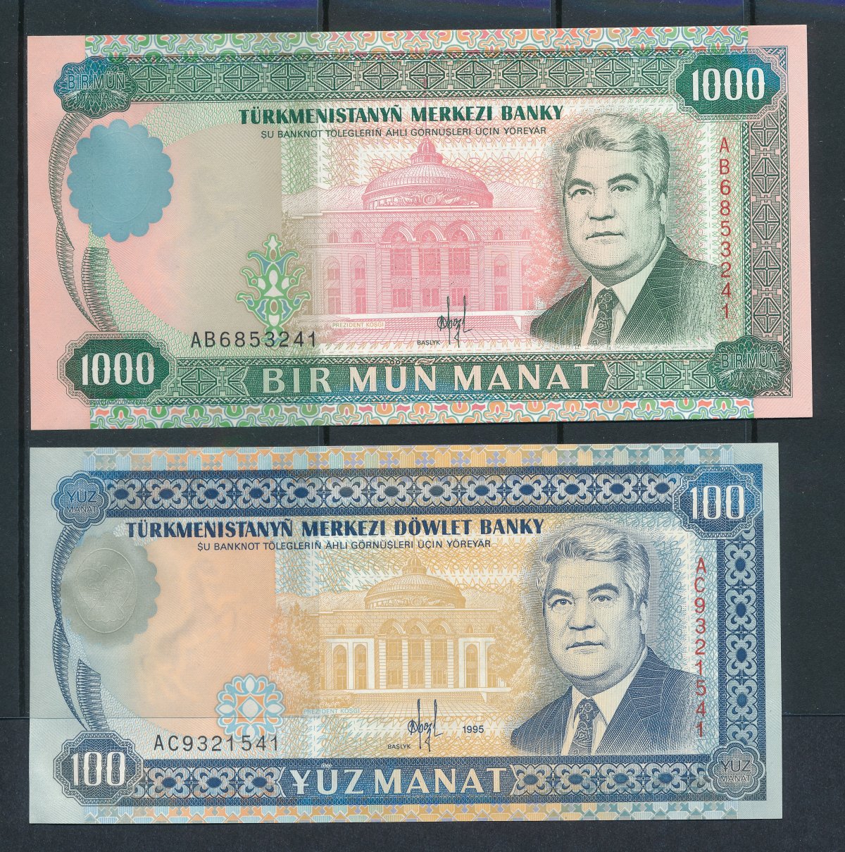Turkmenistan, 100 manat, 1000 manat, 2 sedler, 1804/a, * - Udland ...