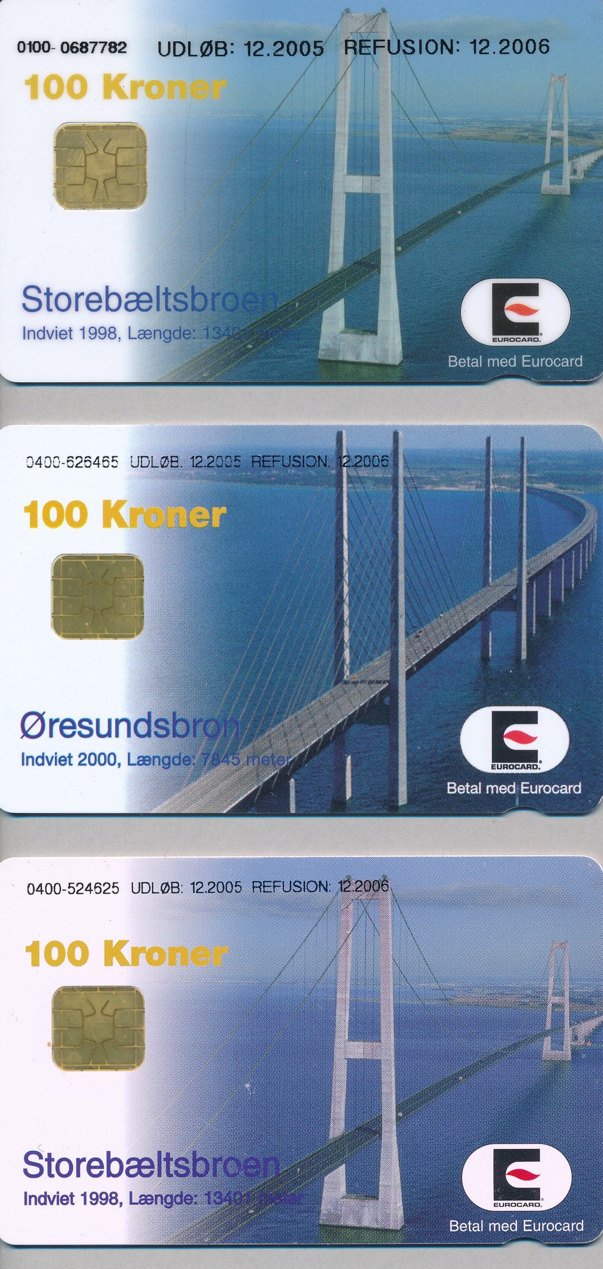 Telefonkort, 3 stk, 2 x Storebæltsbroen, 1 x Øresundsbroen ...