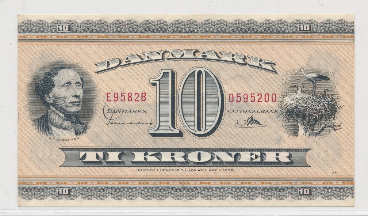 1958, 10 kroner, seddel, E9, HCA, - 10 kroner seddel - samlerforum - Agau Metal Aps