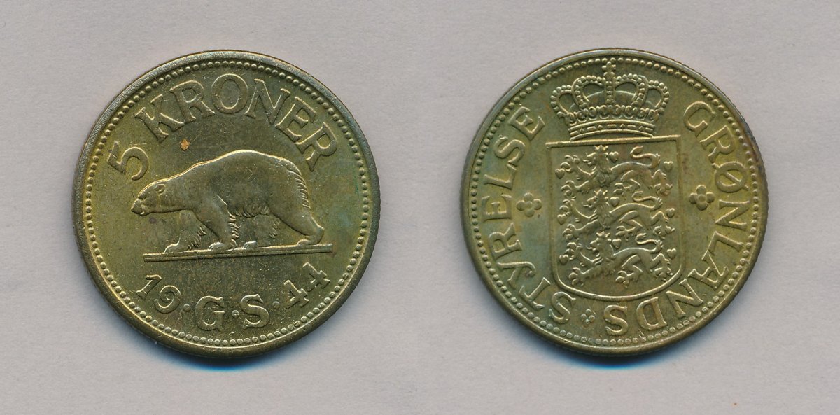 1944, Grønland, 5 krone, 0/01, - Grønland officielle - samlerforum ...
