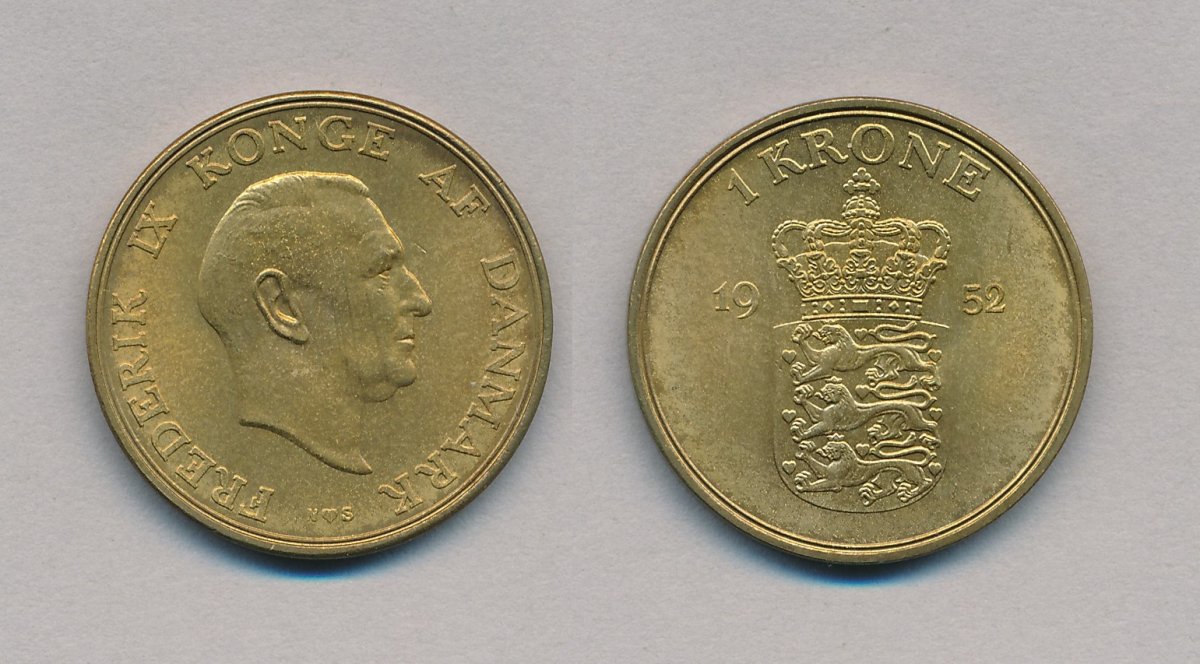 1952, 1 kroner, 01+, - Gule 1 kroner - samlerforum - Agau Metal Aps