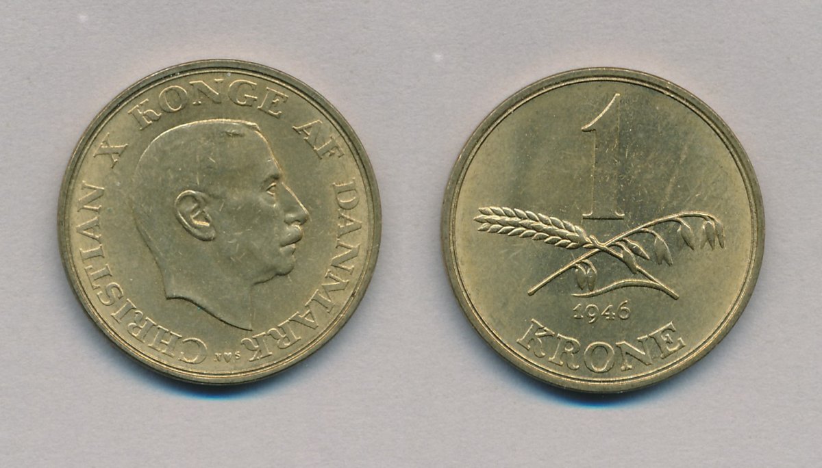 1946, 1 krone, 0, - Gule 1 kroner - samlerforum - Agau Metal Aps