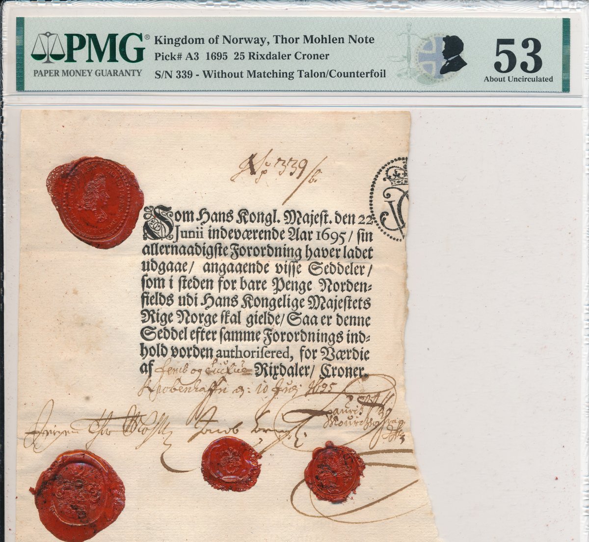 1695, Norge, Jørgen Thormøhlen seddel, 25 Rixdaler Croner, n 339, pick A3, 01, - Udland ...